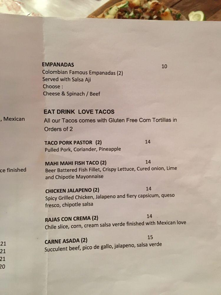 Menu at Playa Tulum, Darlinghurst