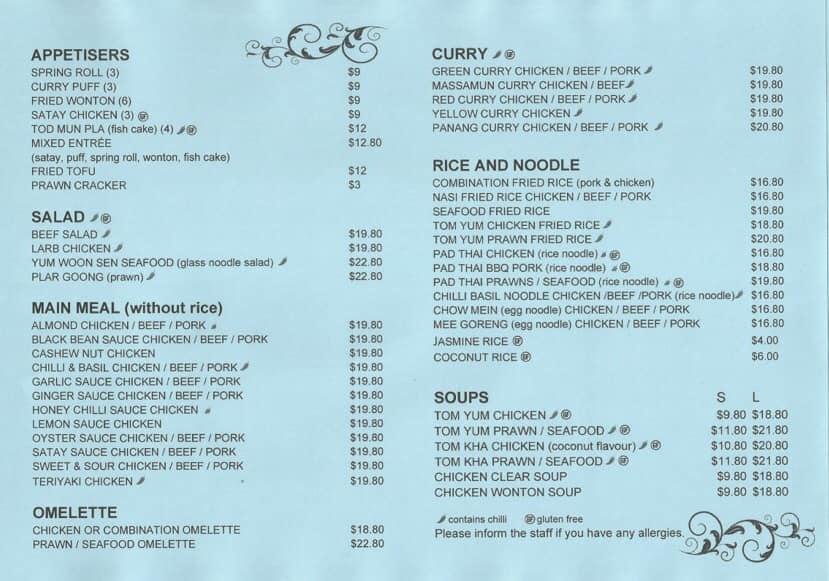 Menu at Tanti's Restaurant, Geraldton