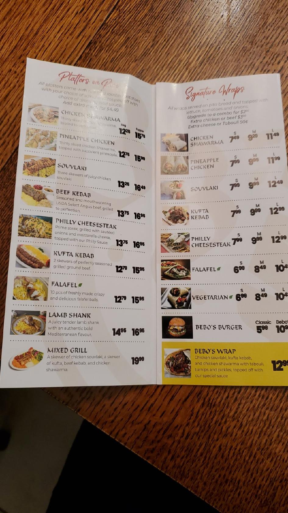 Menu at Bebo’s Mediterranean & Middle Eastern Restaurant, Burlington