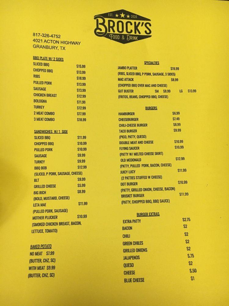 Menu at Brock's Food and Drink pub & bar, Granbury