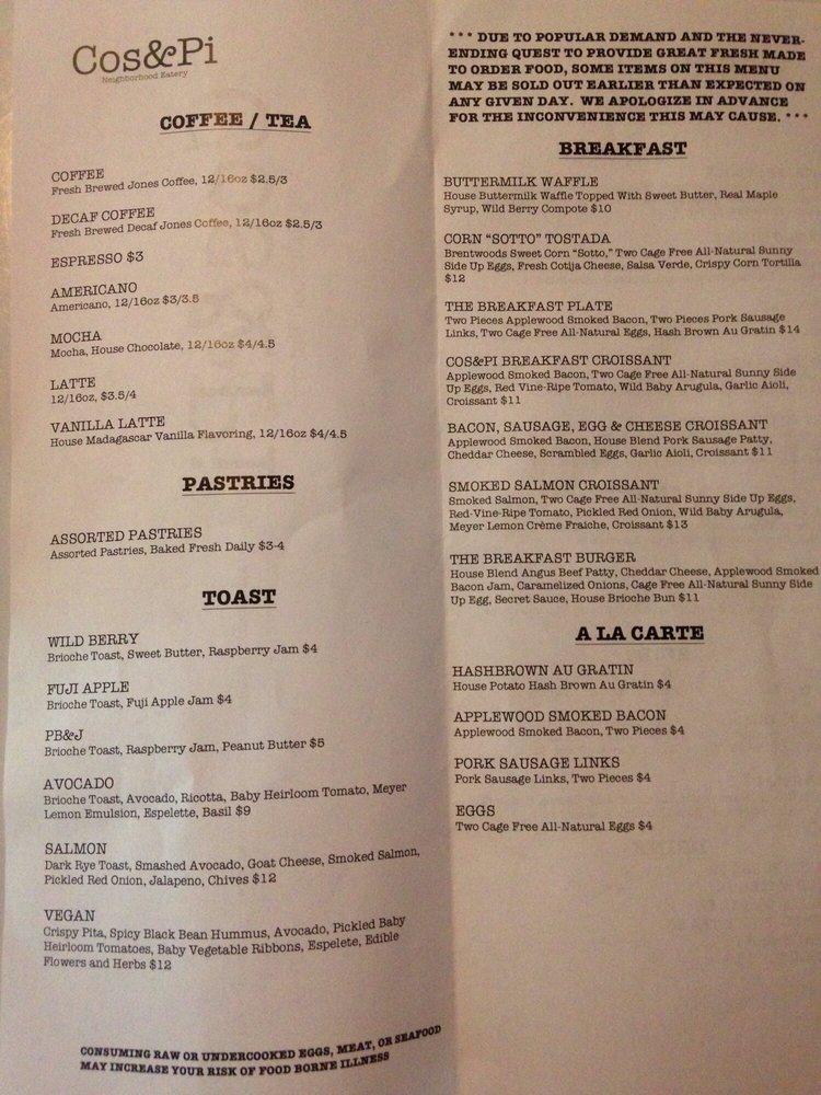 Menu at Cos & Pi restaurant, South Pasadena, 303 Pasadena Ave