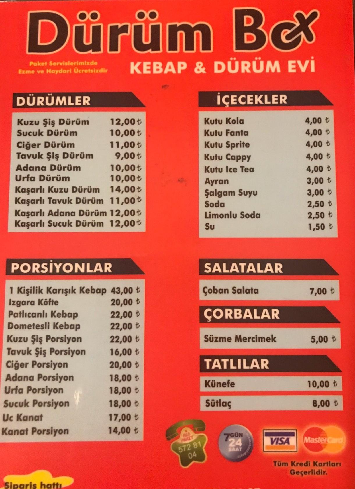 Menu at Dürümbox, Istanbul, İstanbul Cd. No:26