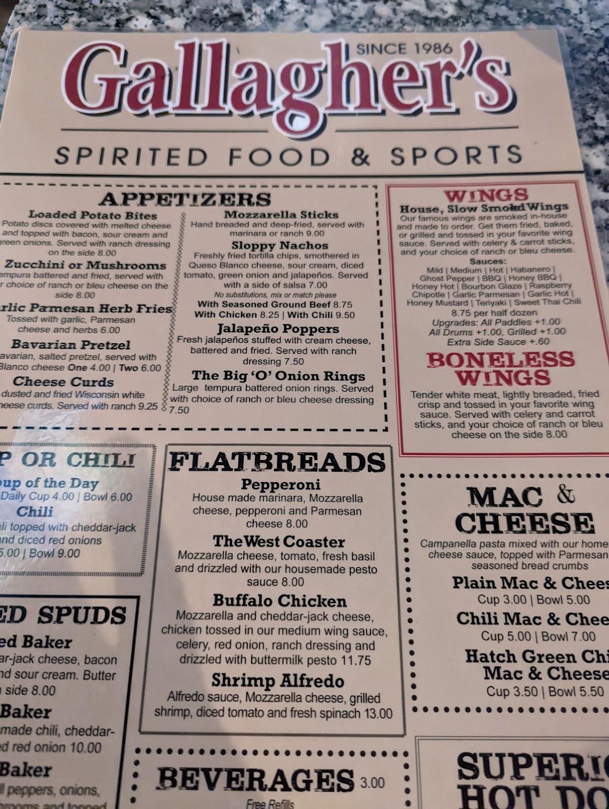 Menu at Gallagher's Sports Grill pub & bar, Phoenix, N 16th St
