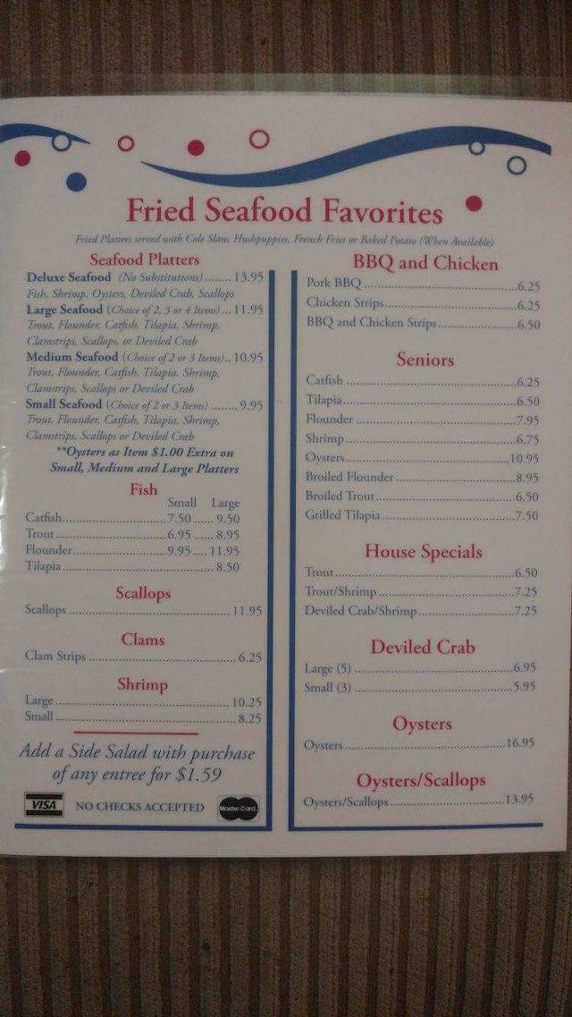 Menu at Hudson Bay Seafood restaurant, Fayetteville