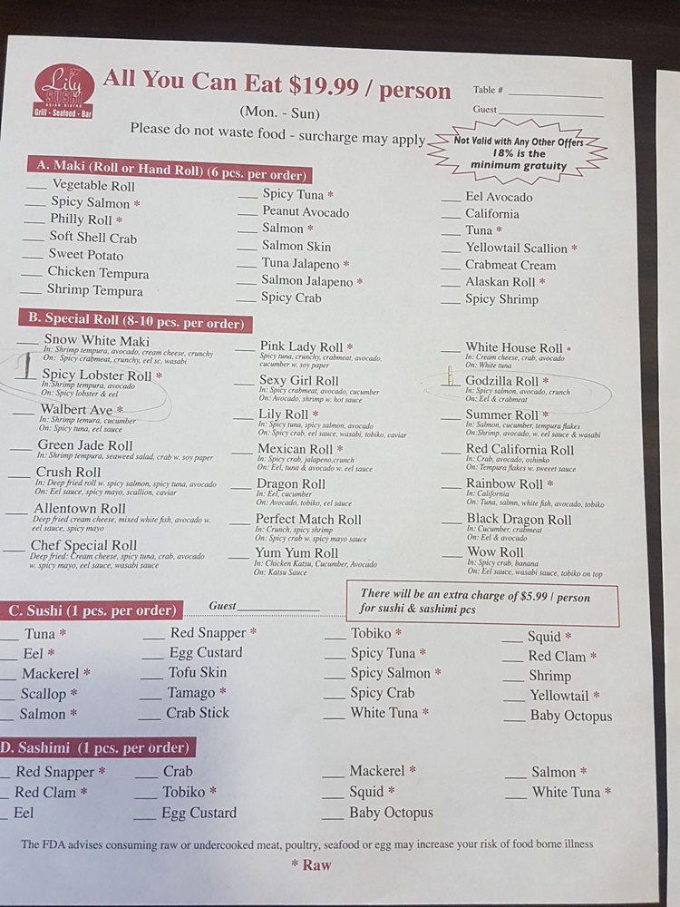 Menu at Lily Sushi Grill restaurant, Allentown