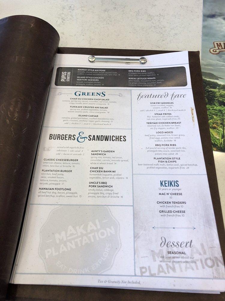 Menu at Makai Plantation restaurant, Honolulu, 300 Rodgers Blvd