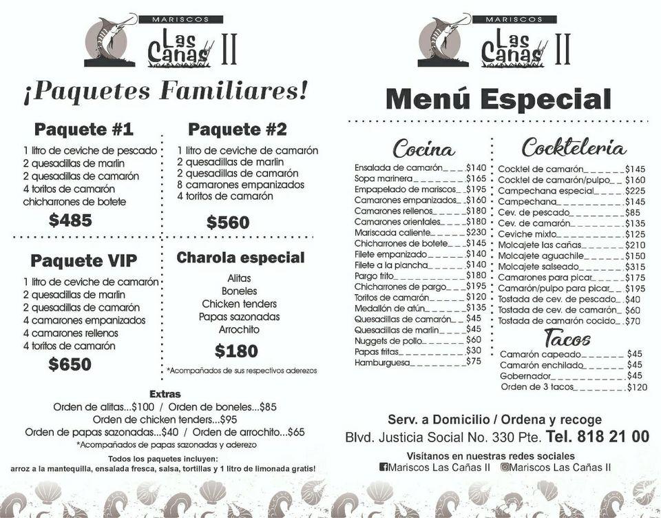 Carta del restaurante Mariscos Las Cañas 2, Los Mochis
