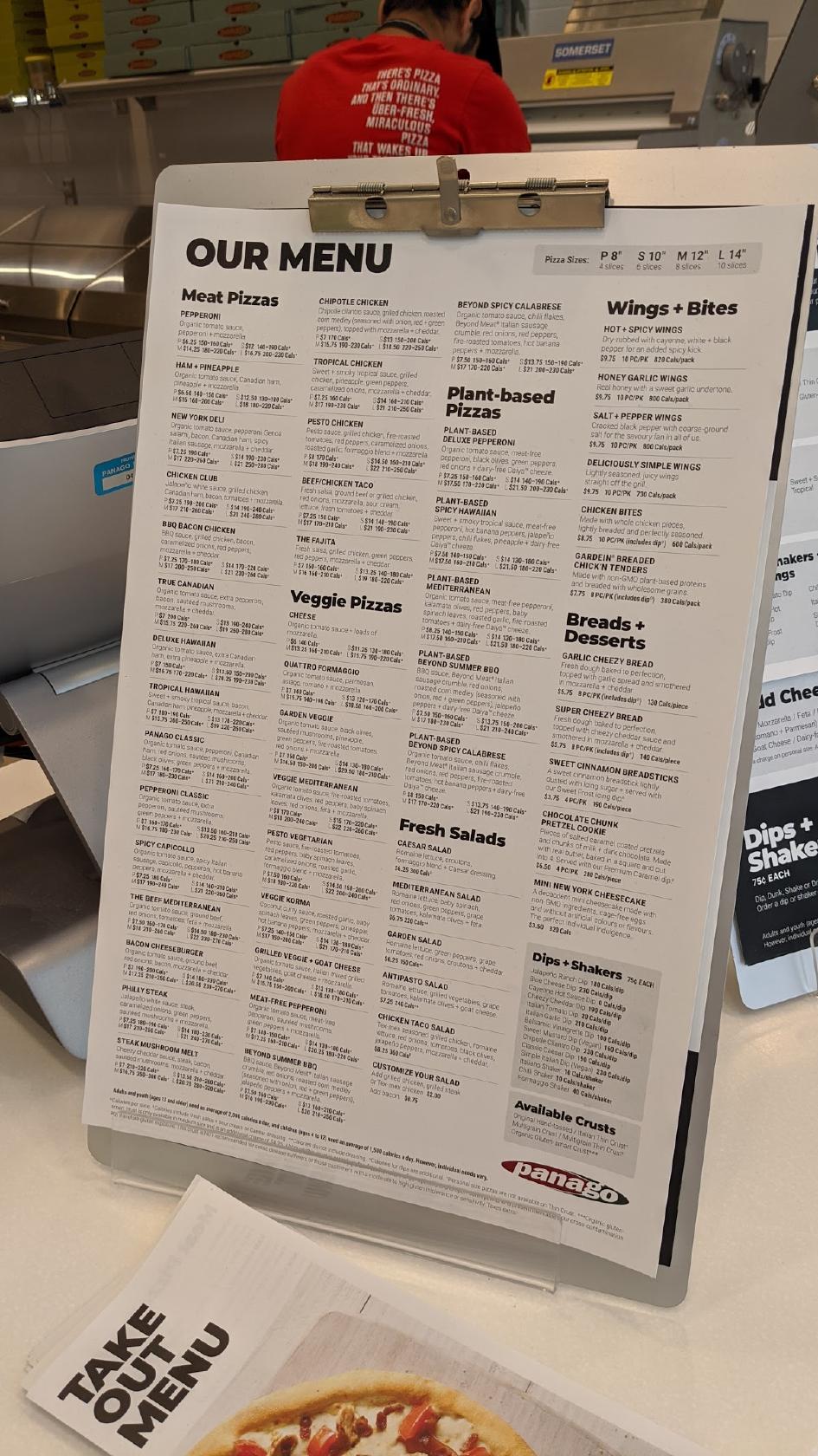 Menu at Panago Pizza pizzeria, Vancouver, Sawmill Crescent