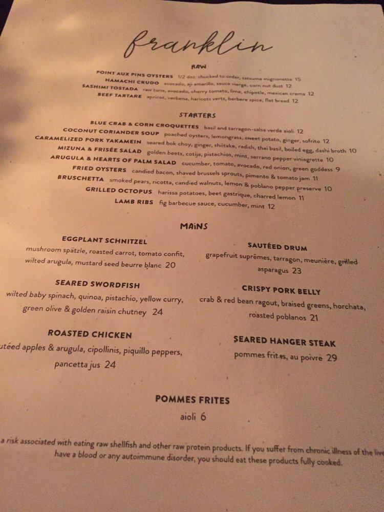 Menu at The Franklin pub & bar, New Orleans