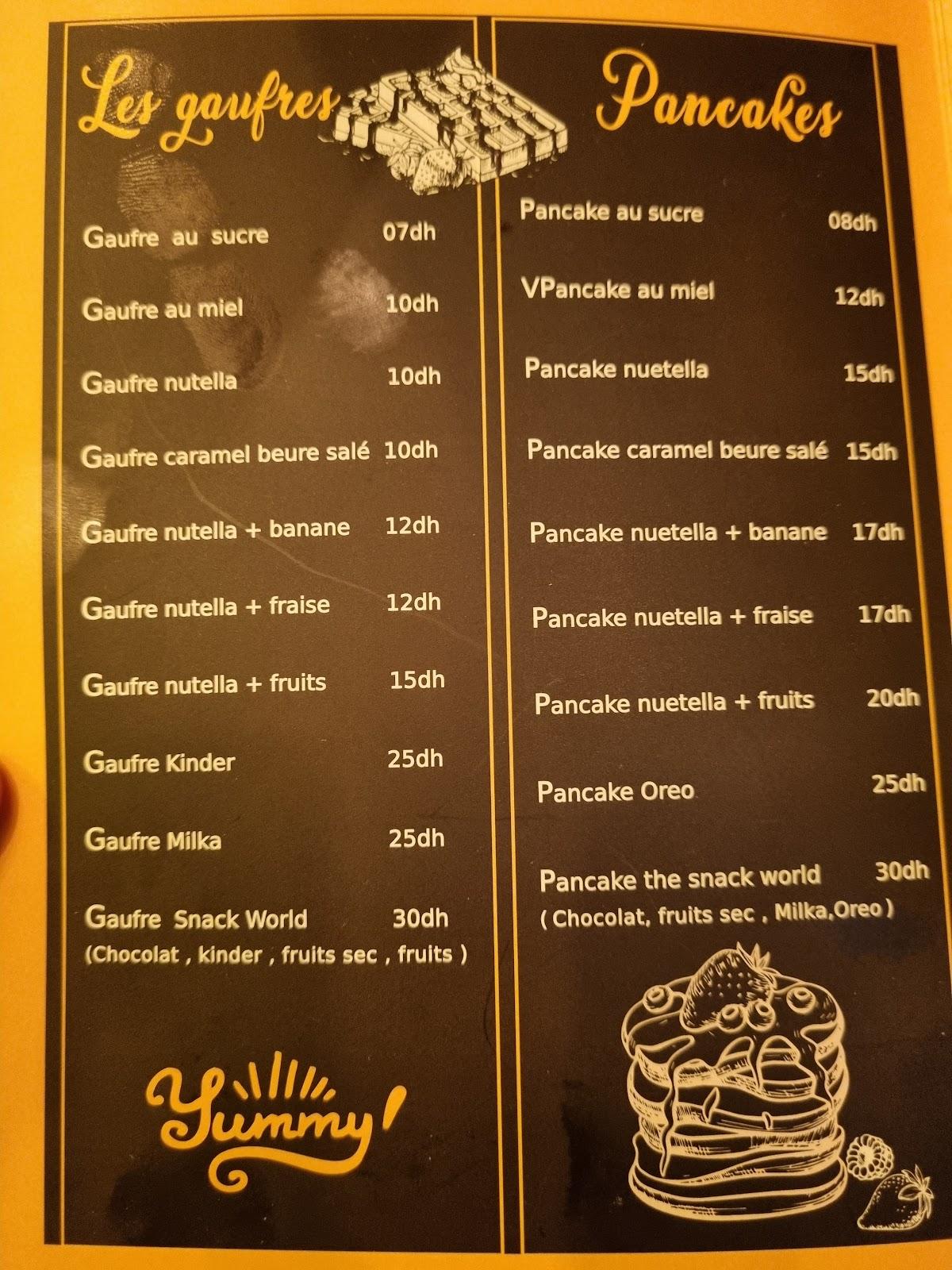 Menu at The Snack World restaurant, Marrakesh