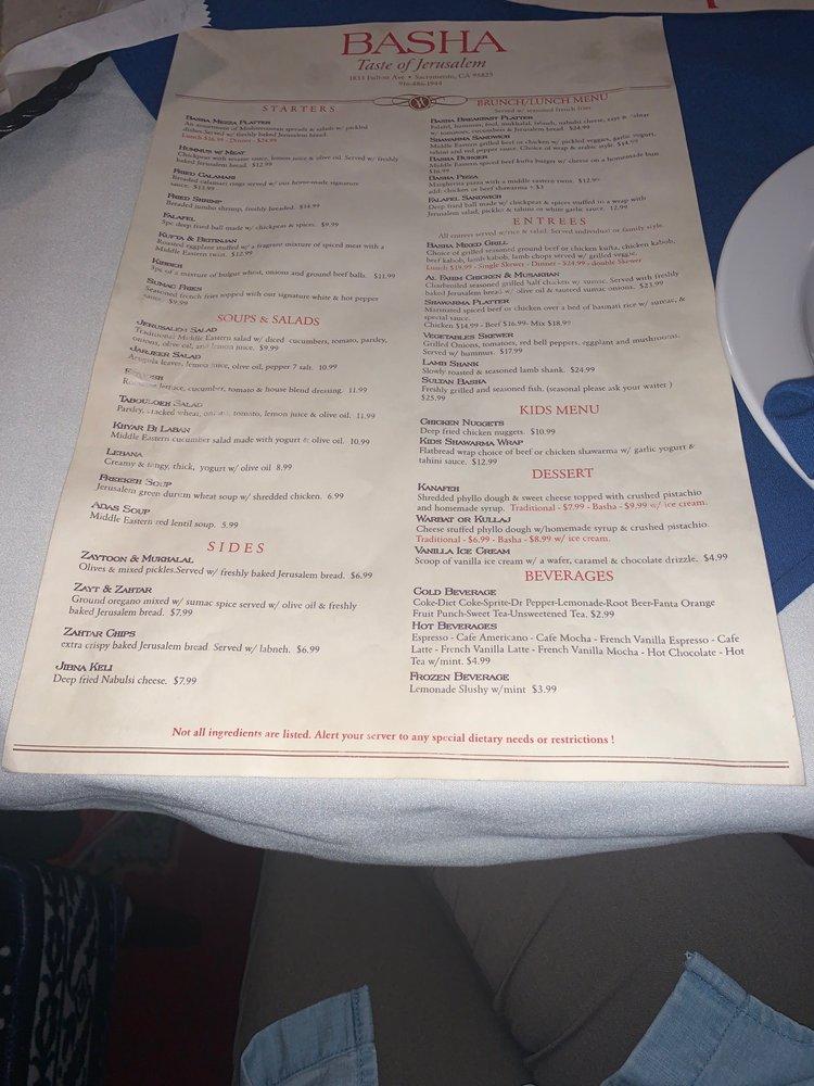 Menu at Basha Taste of Jerusalem restaurant, Sacramento