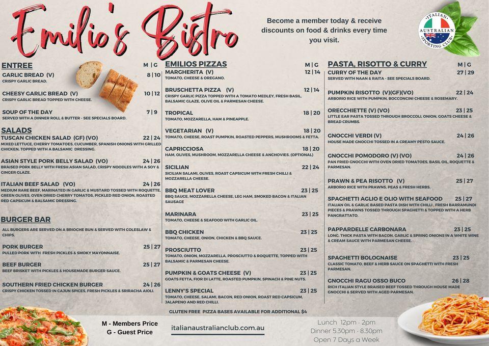 Menu at The Italian Australian Sporting Club, Morwell, 499-501 Princes Dr