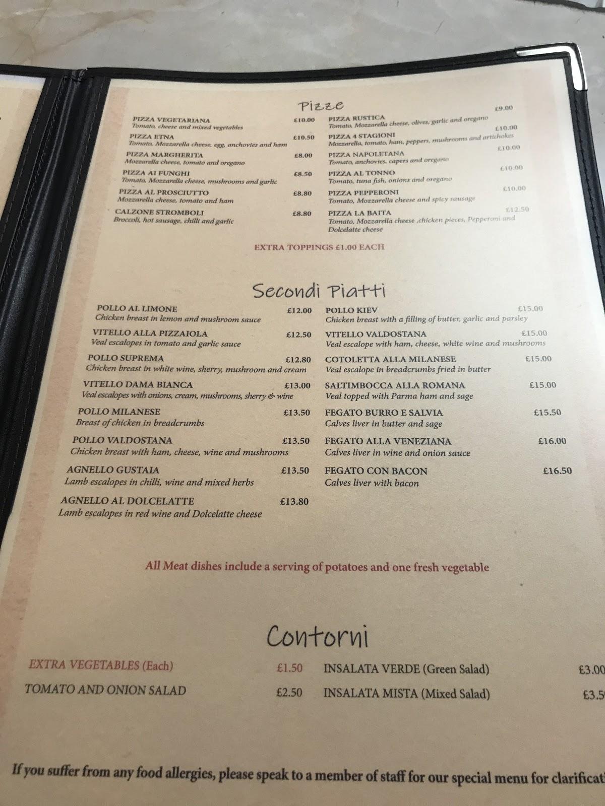 Menu at La Baita restaurant, London, 98 Station Rd