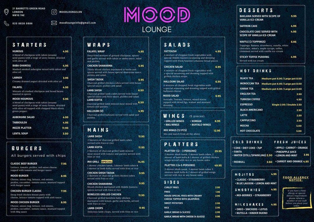 Menu at Mood Lounge London restaurant, London