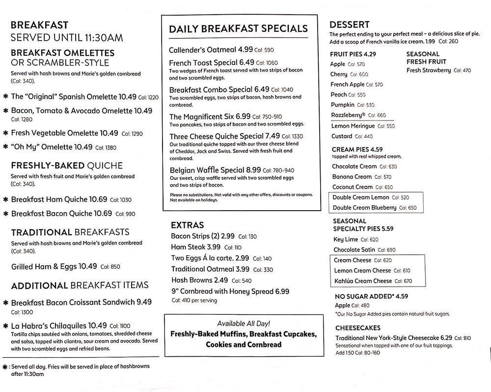Menu at Marie Callender's Restaurant & Bakery, City of Industry