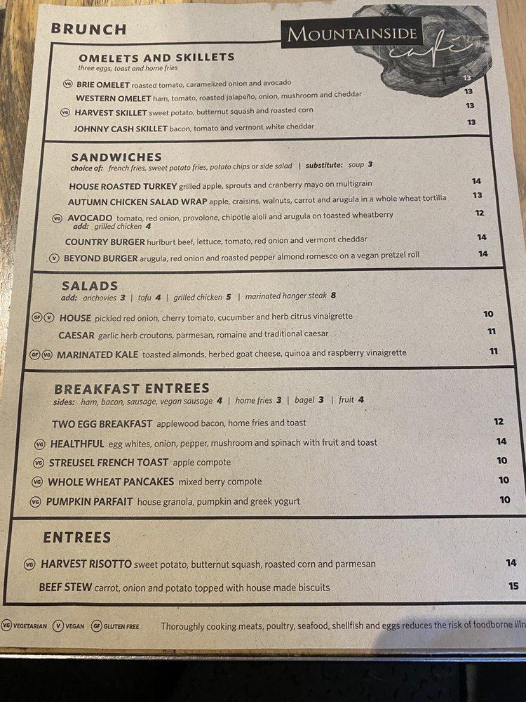 Menu at Mountainside Cafe, Canaan