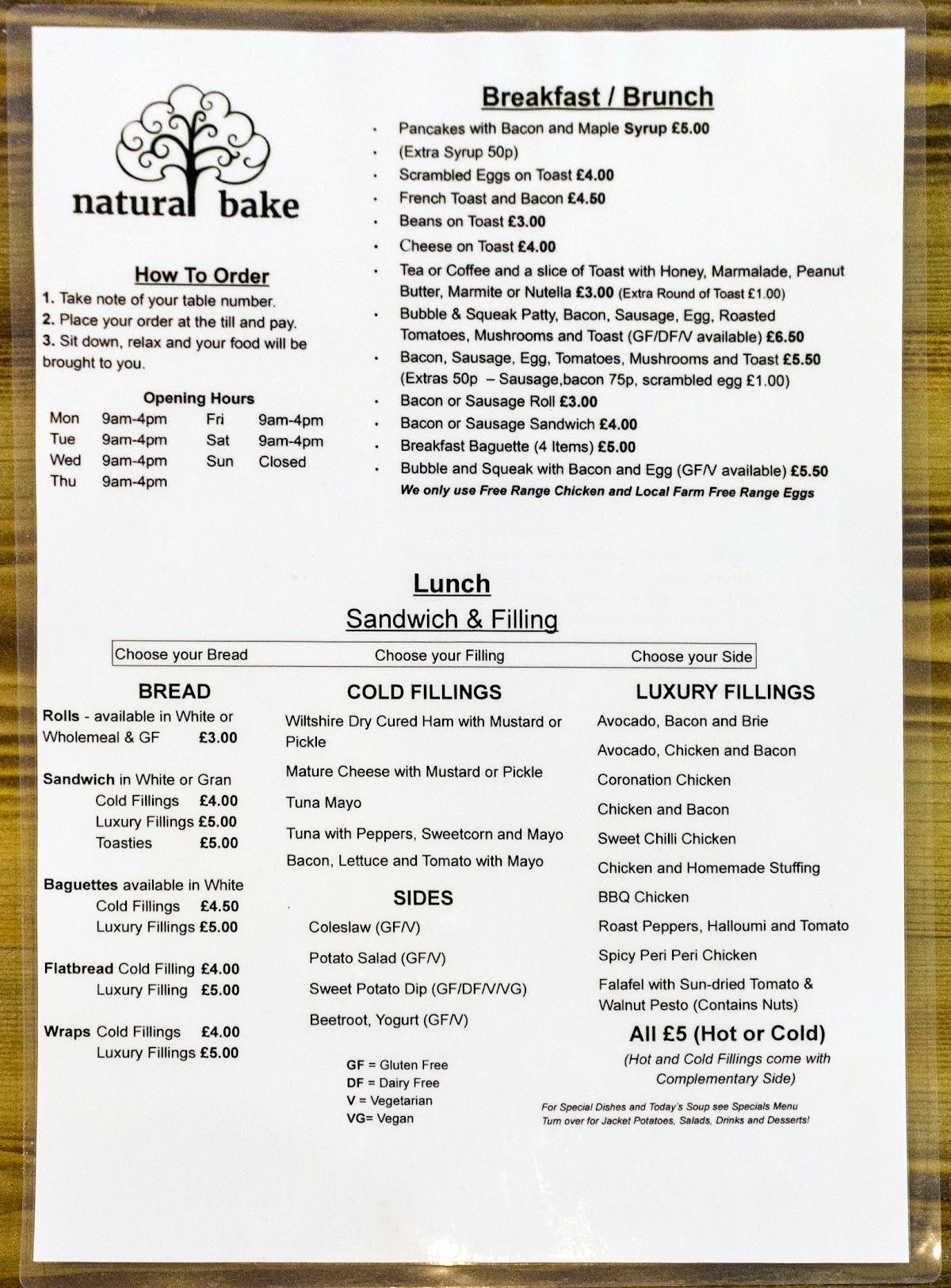 Menu at Natural Bake cafe, Hadleigh