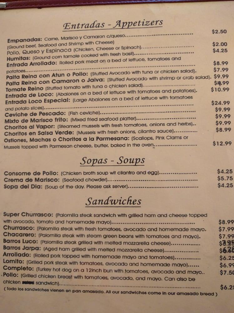 Carta de Pamela's Restaurante Chileno, Miami