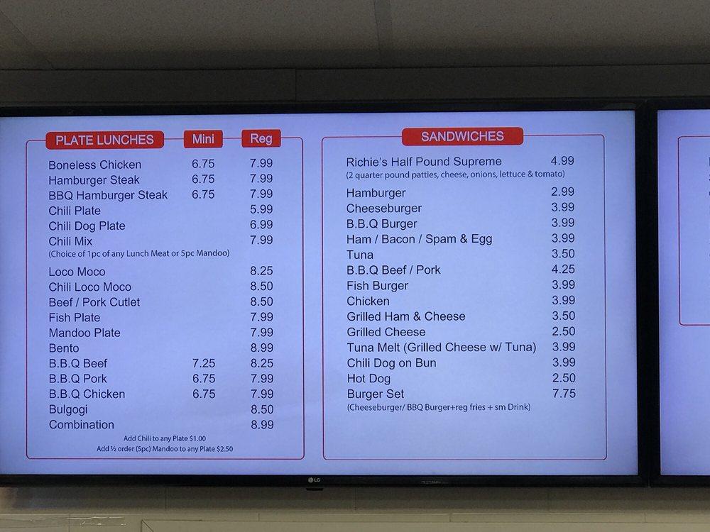 Menu at Richie's Drive Inn restaurant, Honolulu