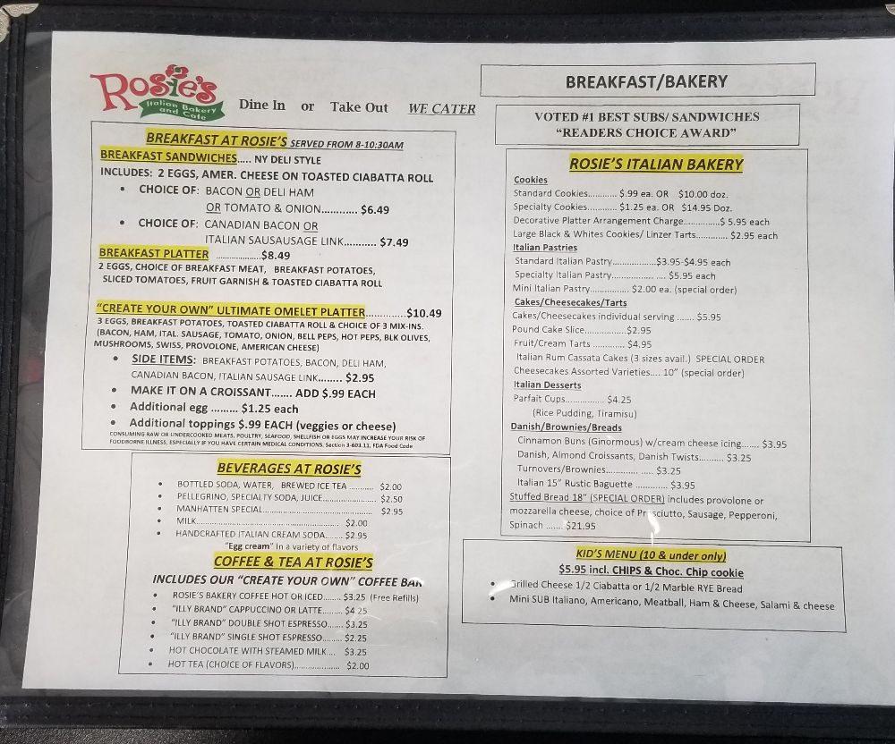 Menu at Rosie's Italian Bakery & NY Style Deli, Daytona Beach