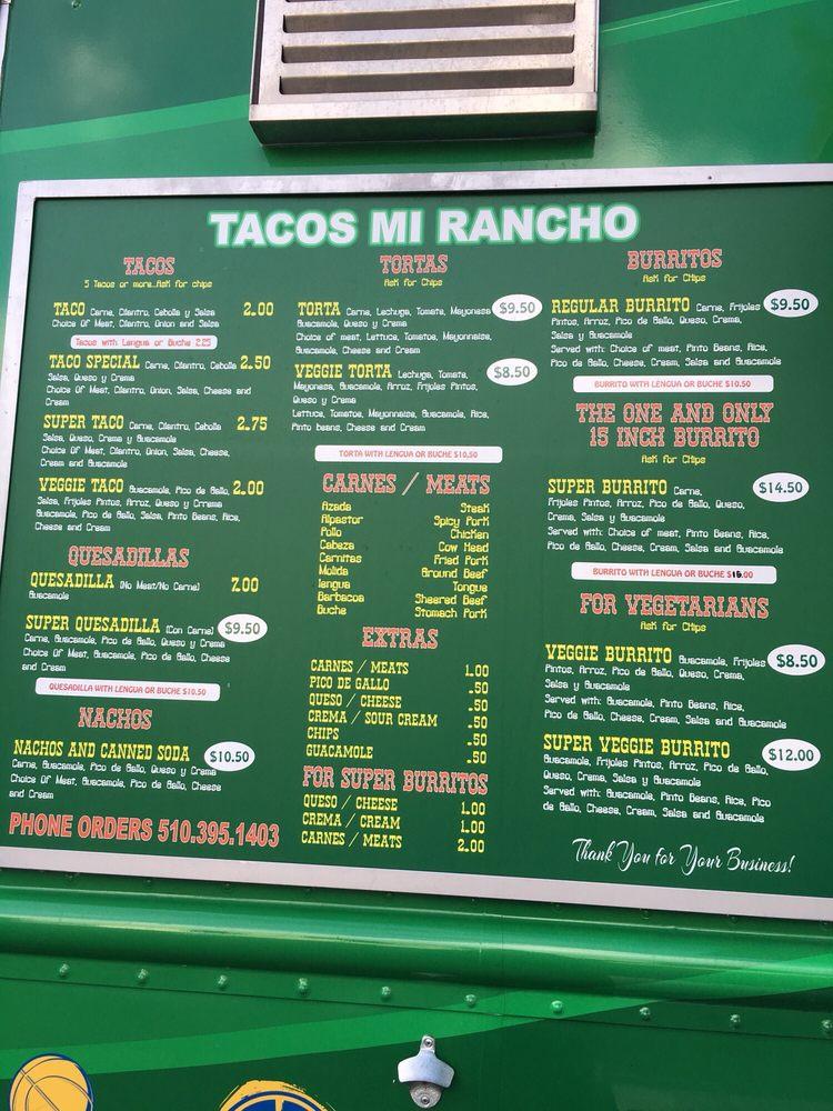 Menu at Tacos Mi Rancho restaurant, Oakland, 1st Ave