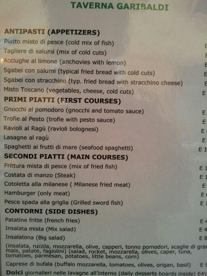 Menu au Taverna Garibaldi pizzeria, Levanto
