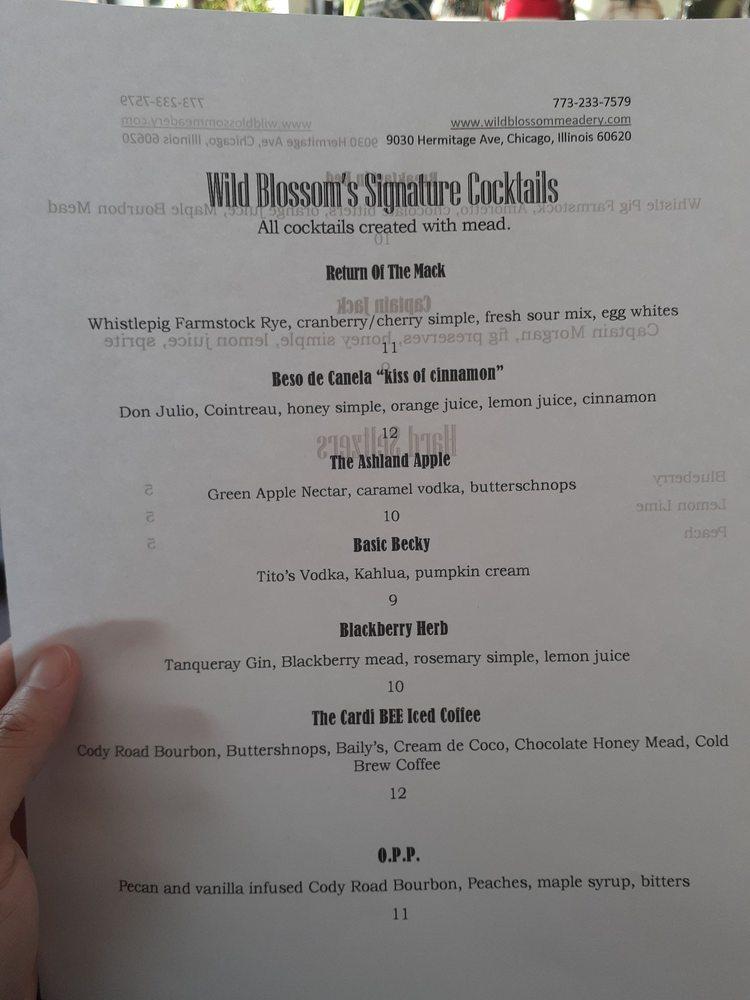 Menu at Wild Blossom Meadery and Winery restaurant, Chicago