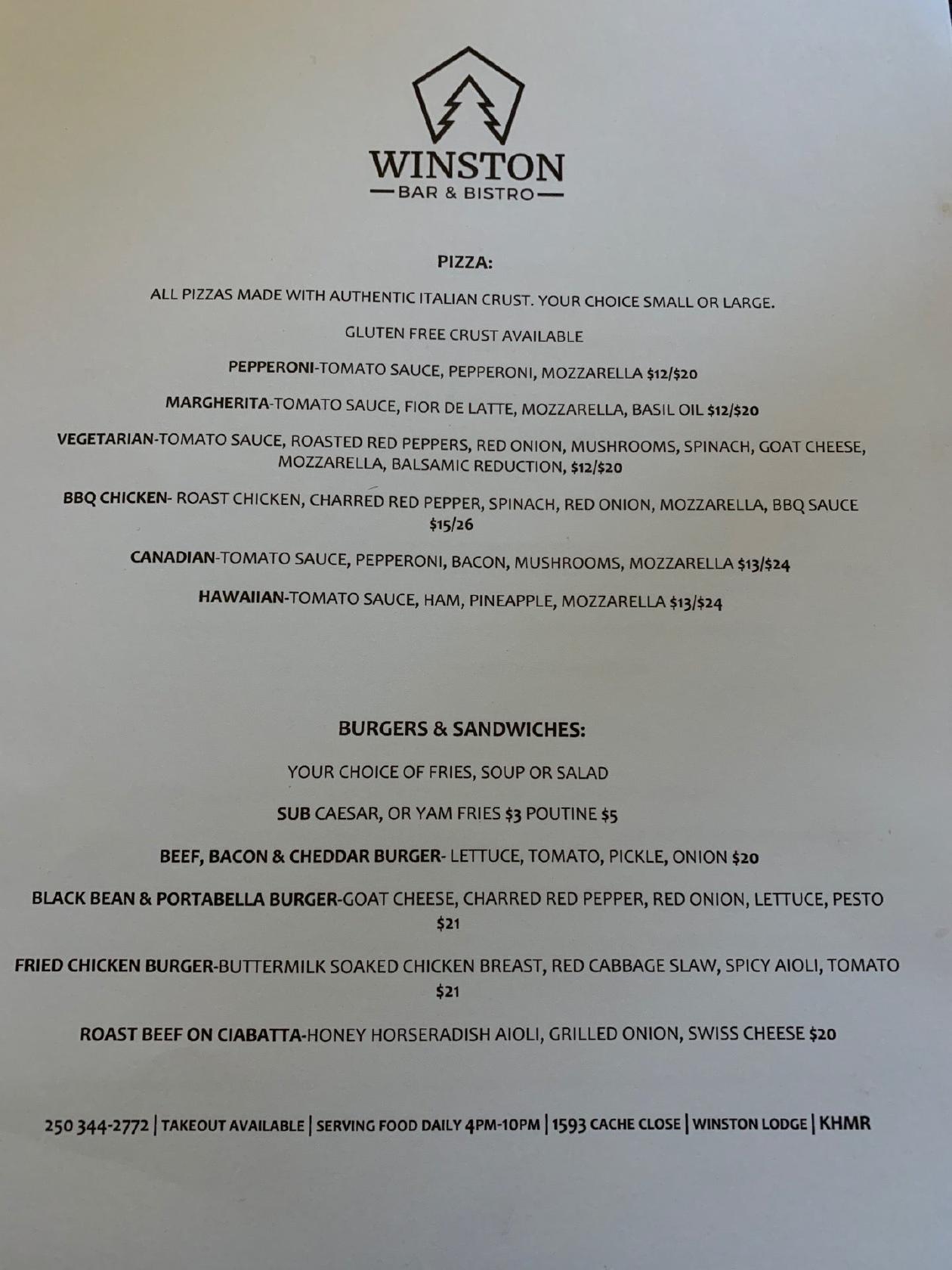 Carta de Winston Bar & Bistro, Canada