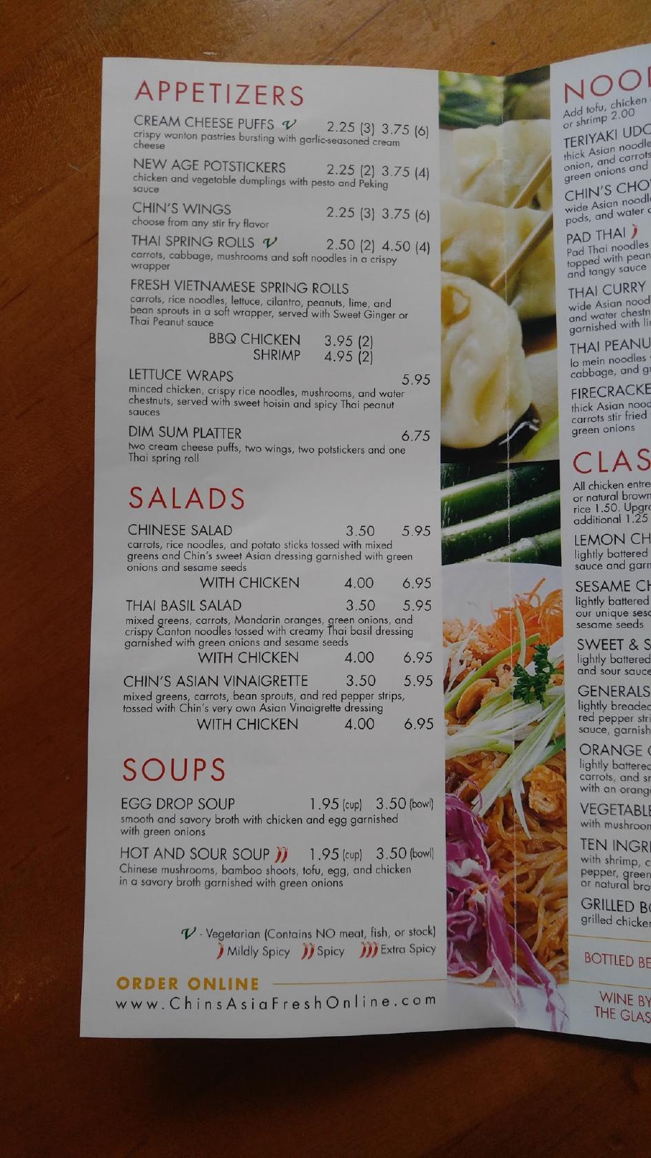 Menu at Chin's Asia Fresh restaurant, Middleton, Old Sauk Rd