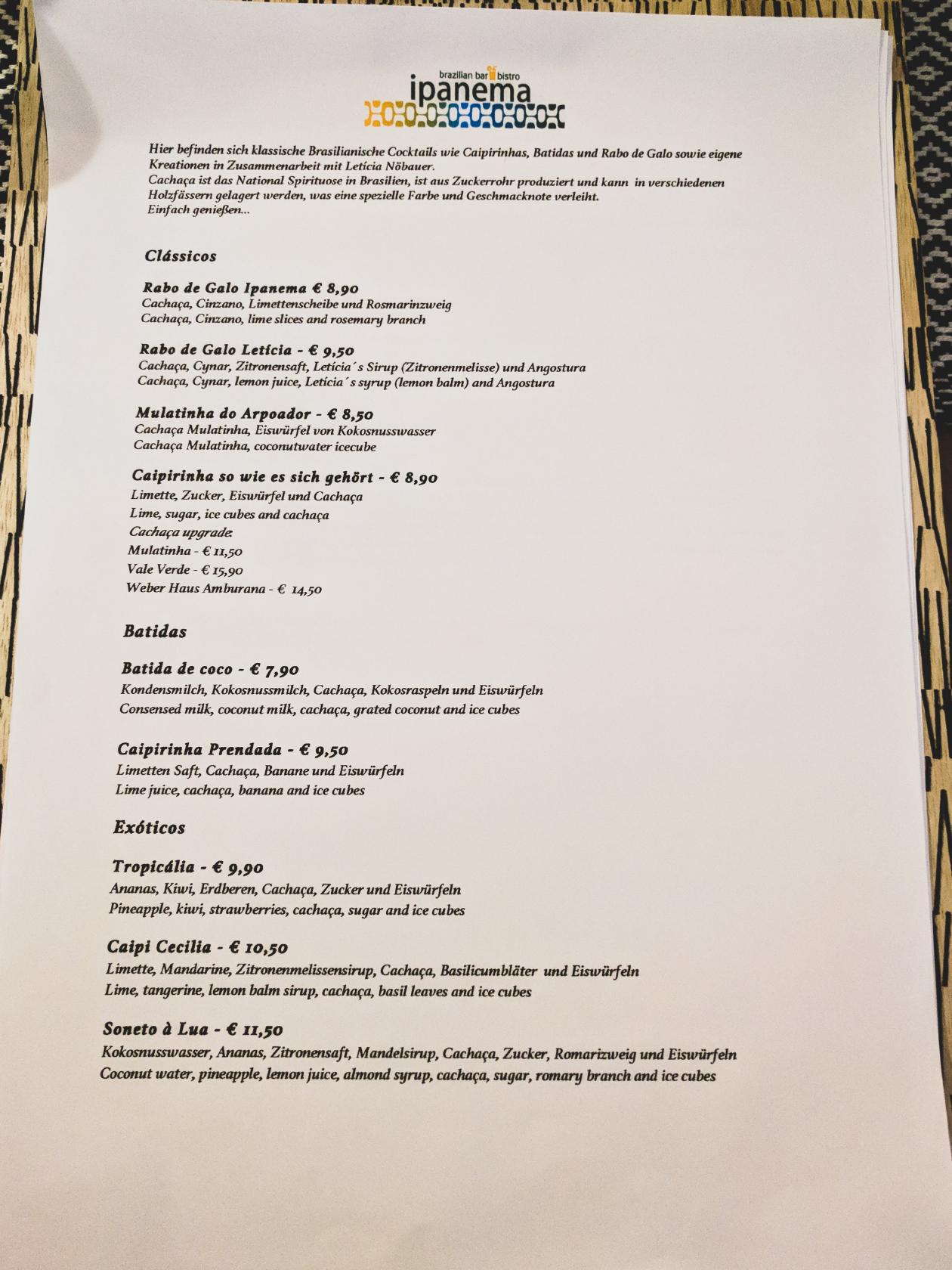 Menu at Ipanema Brazil Bar & Bistro, Vienna