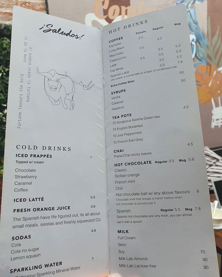 Carta del restaurante Saludos, Albury