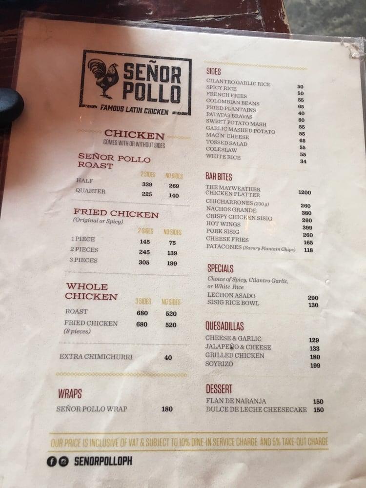 Menu at Señor Pollo restaurant, Makati, Ebro
