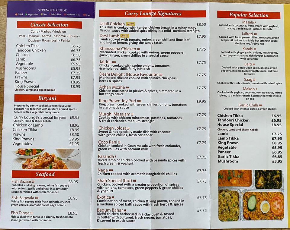 Menu at Curry Lounge restaurant, Alfreton