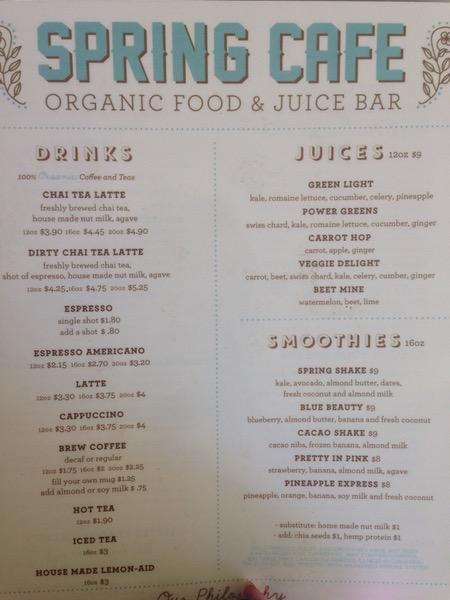 Menu at Spring Cafe, Aspen