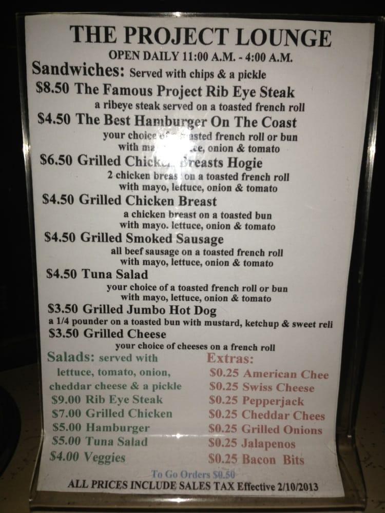 Menu at The Project Lounge pub & bar, Biloxi