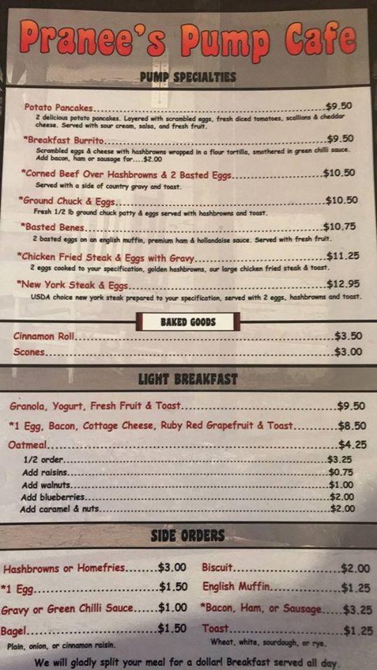 Menu at The Pump Cafe, Springfield