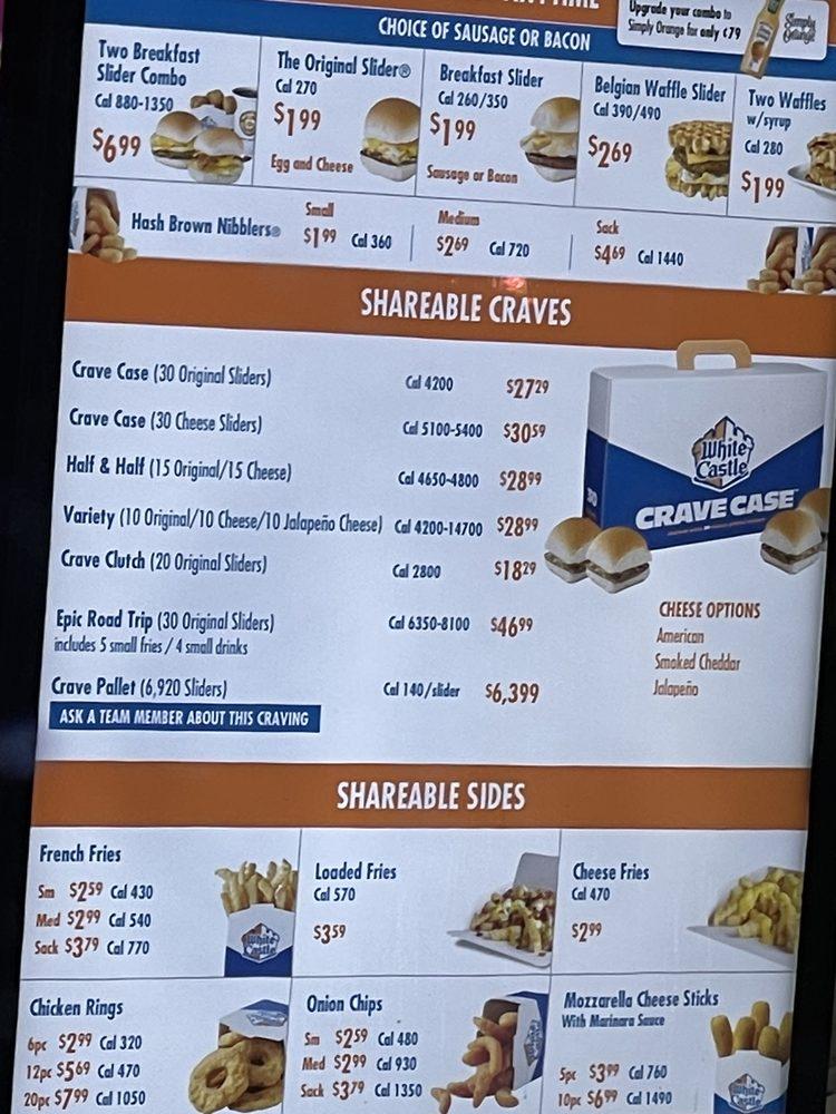 Menu at White Castle restaurant, Orlando