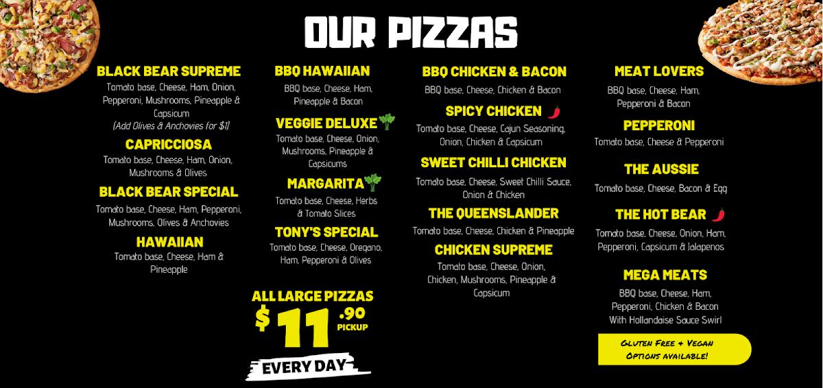 Carta de pizzería 3 Black Bears Pizza Fairfield, Fairfield