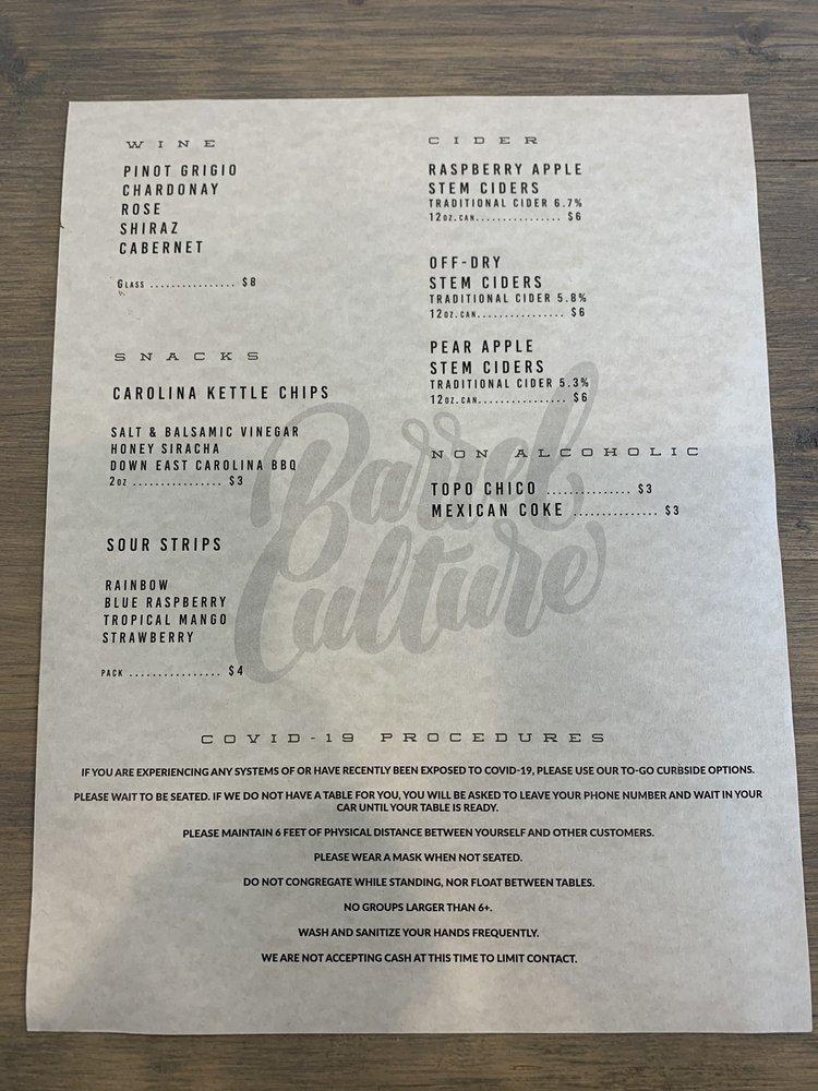 Menu at Barrel Culture, Raleigh