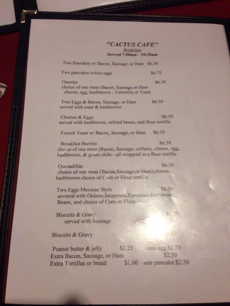 Menu at Cactus Cafe, Whites City, 26 Carlsbad Cavern Hwy