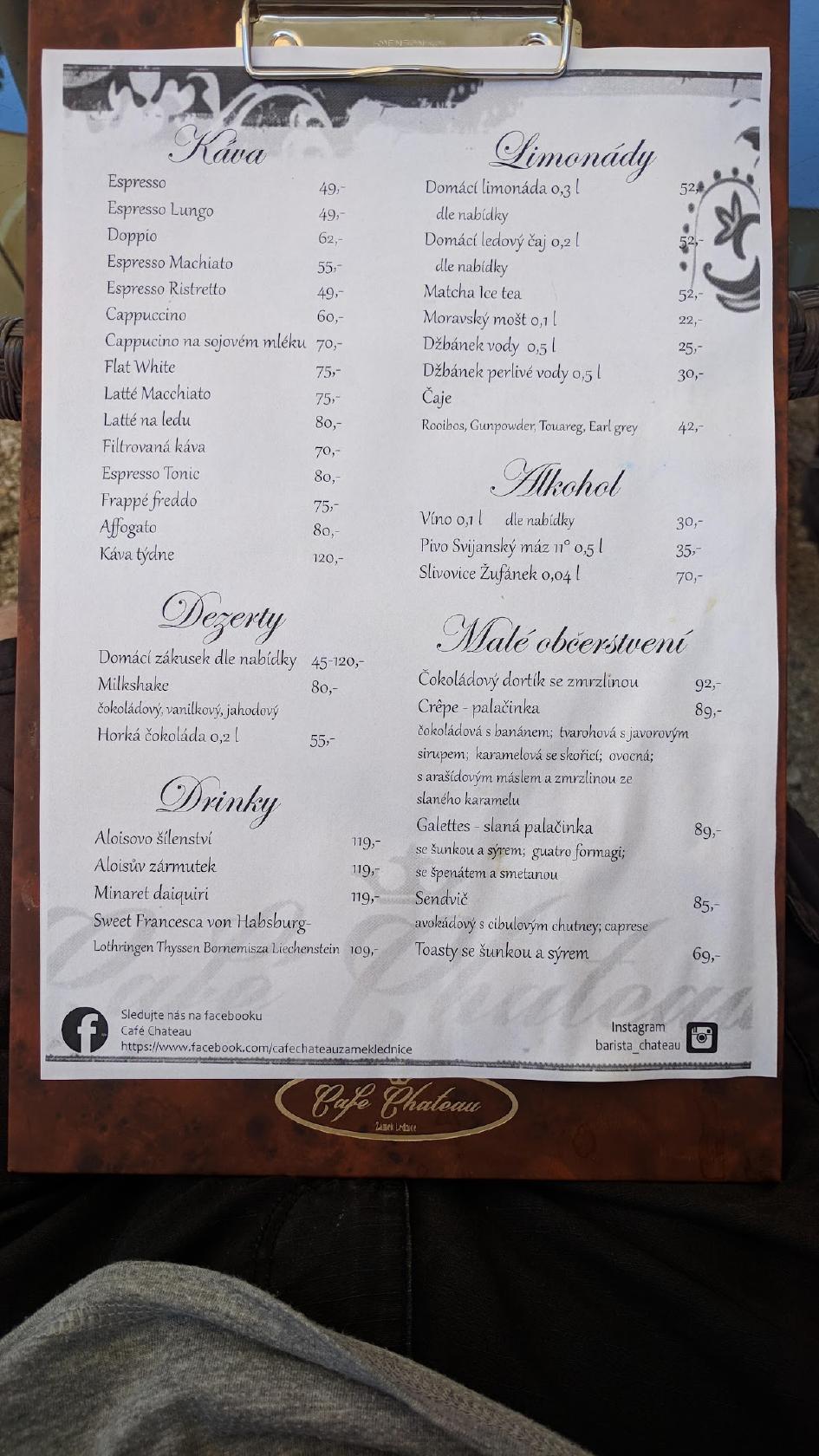 Menu at Café Chateau cafe, Lednice