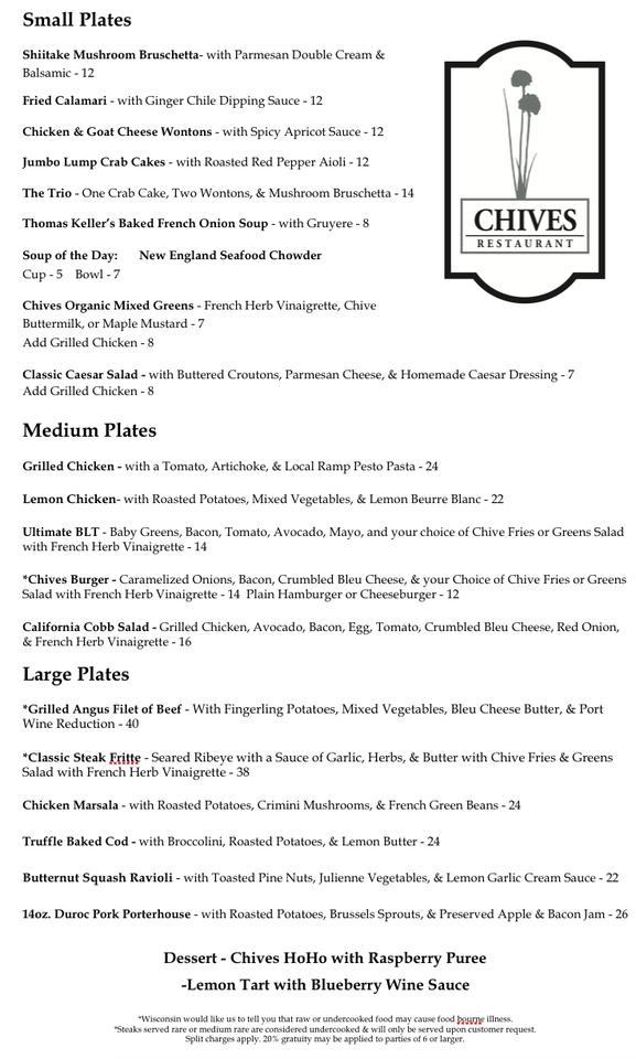Menu at Chives Restaurant, Suamico