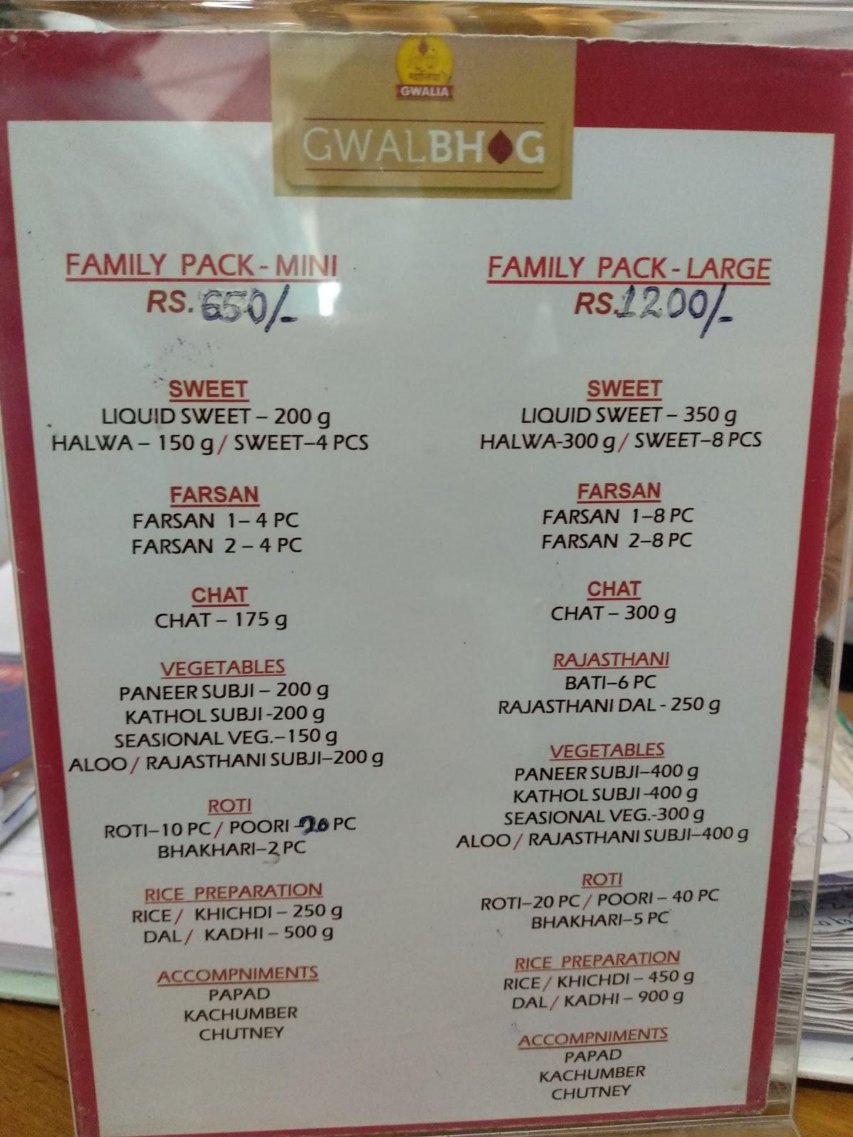 Menu at GwalBhog, Motera Chandkheda, Ahmedabad