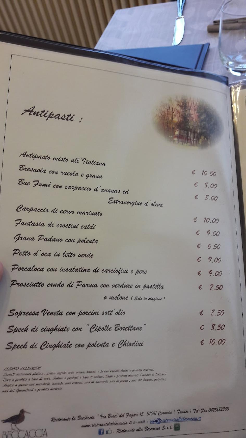 Menu da Ristorante Trattoria La Beccaccia, Cornuda