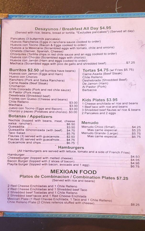 Menu at La Playita restaurant, El Paso, Dyer St