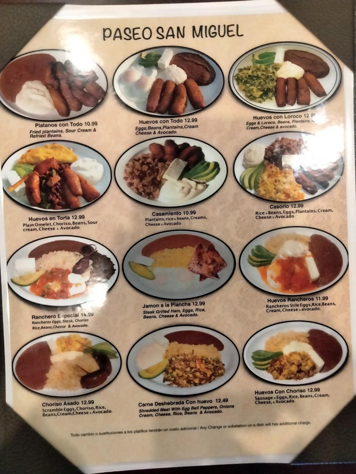 Menu at Paseo San Miguel restaurant, Pico Rivera, Rosemead Blvd