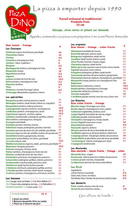 Menu at Pizza Dino restaurant, Avignon