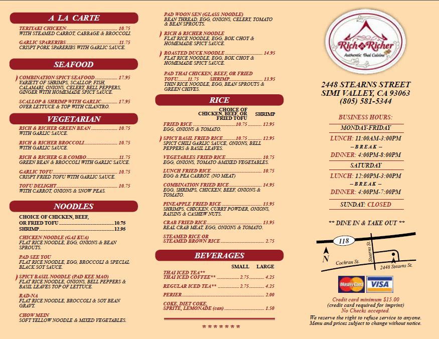Menu at Rich & Richer Authentic Thai Cuisine restaurant, Simi Valley