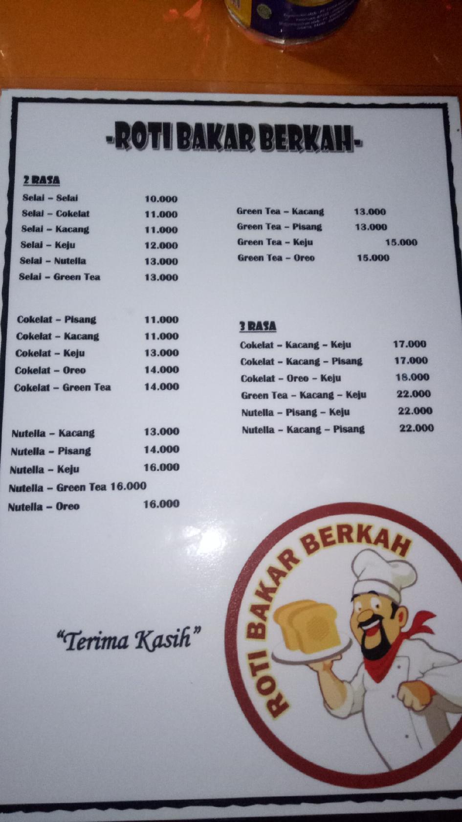 Menu at Roti Bakar Berkah cafe, Yogyakarta