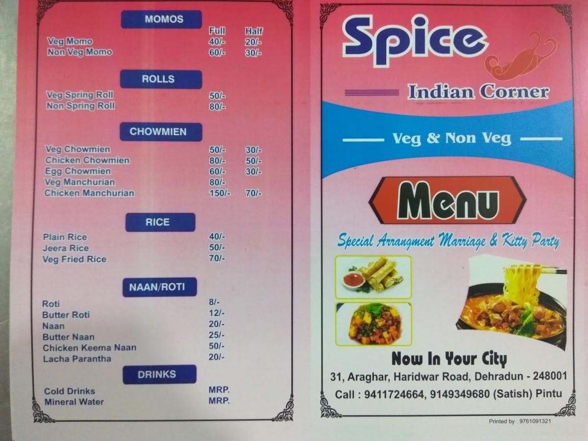 Menu at Spice Indian Corner, Dehradun